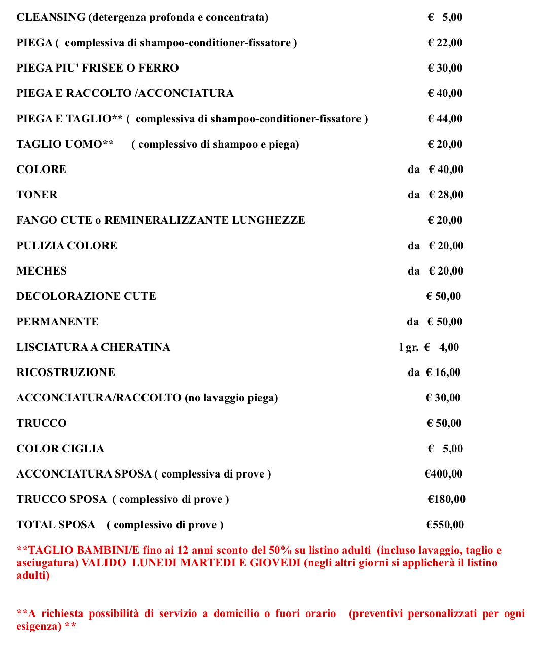 Listino - I MAX PARRUCCHIERI